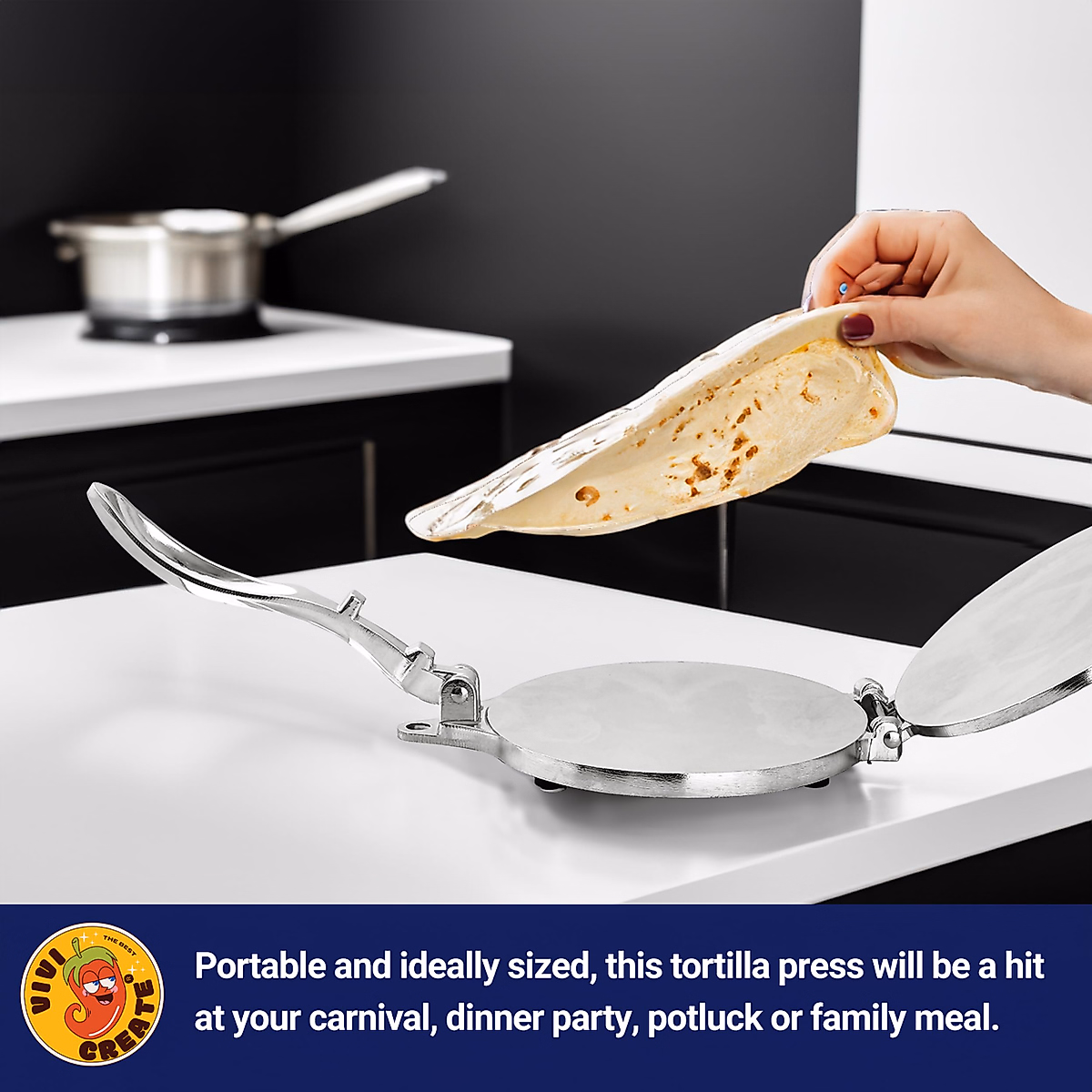 Vivicreate 8 Inch Tortilla Press, Tortilladora Press, Aluminum Tortilla Press, Flour Tortilla Press, Rotis Press, Quesadilla press, Taco Maker (Silver)