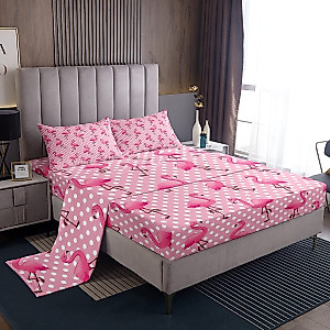 Erosebridal Pastel Pink Sheet Set Twin Size Cute Flamingo Fitted Sheet for Kids Child,Little Girls Cartoon Wild Animal Bed Sheets Wetland Wildlife White Dots Top Sheet Kawaii Room Decor