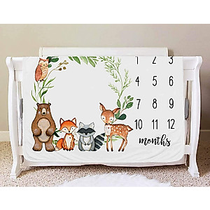Woodland Baby Monthly Milestone Blanket, Woodland Animals Baby Growth Chart Monthly Blanket, Woodland Forest Nursery Decor, Includes Marker (50@)