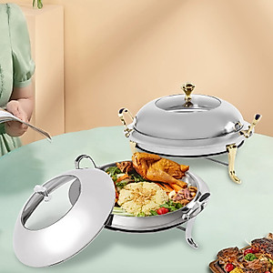 Stainless Steel Flat-Bottomed Chafing Dish, Round Durable Buffet Warmer Tray Durable Frame with Lid and Chafing Fuel Holder for Kitchen Party Dining Buffet-Without Water Pan (Gold-14.96in)