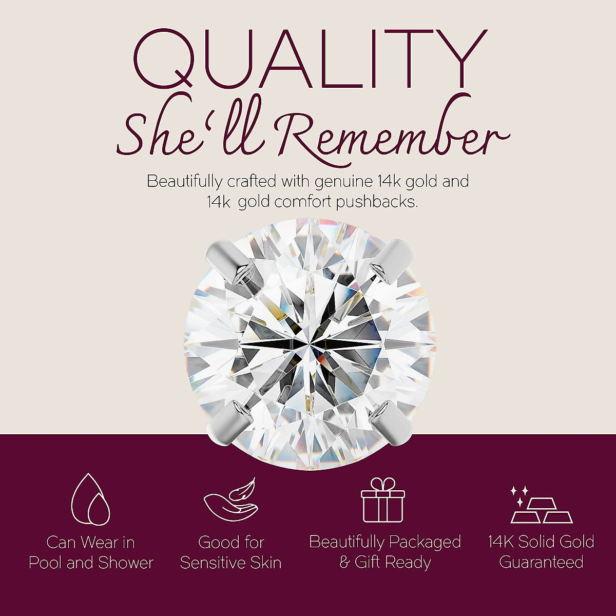 14k White Gold Solitaire AAA Cubic Zirconia Stud Earrings with Secure Screw-backs, CZ Screw Back Earrings for Women (3mm)