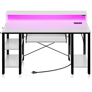 Rolanstar Computer Desk 47 inch with LED Lights & Power Outlets, Gaming Desk with Storage Shelves, Home Office Desk with Keyboard Tray, Writing Desk with Monitor Stand, Study Desk, White