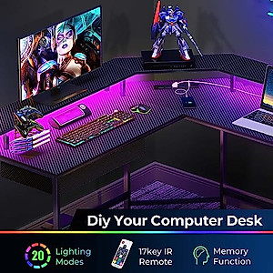 Rolanstar L Shaped Gaming Desk with Drawer, 55.1" Reversible Computer Desk with Power Outlets & LED Lights, Home Office Desk with Monitor Stand, Corner Desk with Hooks Cabon Fiber