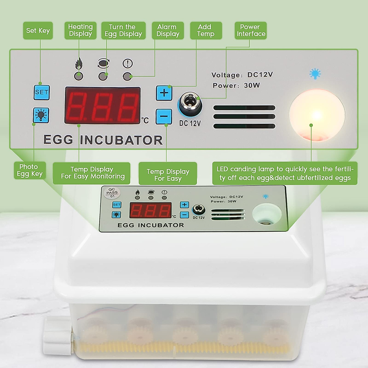 16 Eggs Incubator for Chicken Eggs, Led Candler Automatic Egg Turner Temperature Control,Poultry Hatcher for Chick, Duck, Quail, Goose Eggs