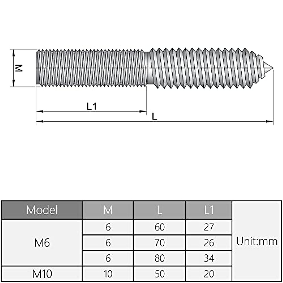 Yinpecly M6x60mm Zinc Plated Carbon Steel Double Headed Hanger Bolts 2.36 inch Length Self Tapping Screw for Furniture Installation Silver Blue Tone 8Pcs