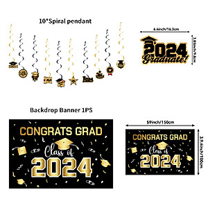 Graduation Decorations Class of 2024,Gold Themed Graduation Decorations Set,Class of 2024 Backdrop Banner,Graduation Hanging Swirl,Balloons and Honeycomb Supplies for Graduation Party (Gold)