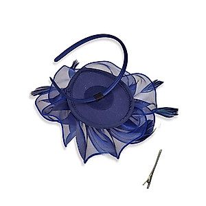QDC Fascinators Hat Tea Party Derby Headwear Wedding Cocktail Hair Clip Bowler Feather Flower for Girls and Women Darkblue