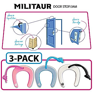 Militaur Door Stop. Door Pinch Guard. Glow in The Dark Blue Pink White. Door Slam Stopper. Cat Door Stopper for Food & Litter Access. Keeps Doors Open for Moving & Deliveries. Heavy Duty. (3 Pack)