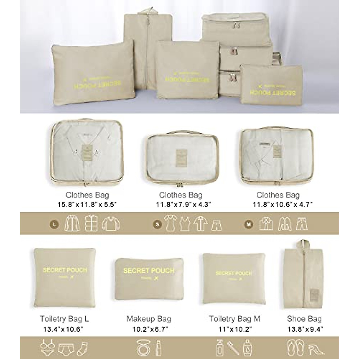 WOOMADA 7 Set Packing Cubes for Suitcases Travel Essentials Luggage Organizer for Travel Accessories Shoe Bag Tioletry Bag Laundry Bag(beige)