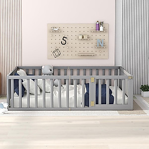 Harper & Bright Designs Full Size Floor Bed with Rails,Montessori Floor Bed Wood Frame with Fence and Door, for Kids Girls Boys-Gray