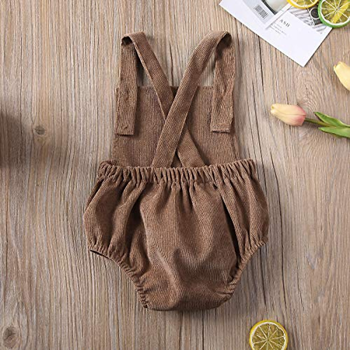 Kuriozud Infant Baby Boy Girl Corduroy Romper Plain Bodysuit Crossback Strap Clothes (Coffee, 12-18 Months)