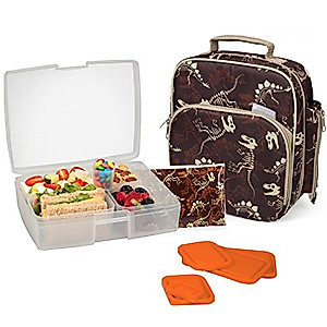 Bentology Lunch Bag and Box Set for Boys, 9 Pieces Total - Kids Insulated Lunchbox Tote, Bento Box, 5 Containers and Ice Pack - Dinosaur Fossil