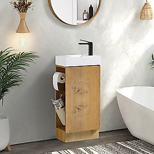 JINDOLI 16“ Bathroom Vanity Sink Combo for Small Space, Modern Floor-standing Small Bathroom Vanity with Sink, Small Bathroom Sink Cabinet Set with 2 Toilet Paper Holders, Snaefell Oak