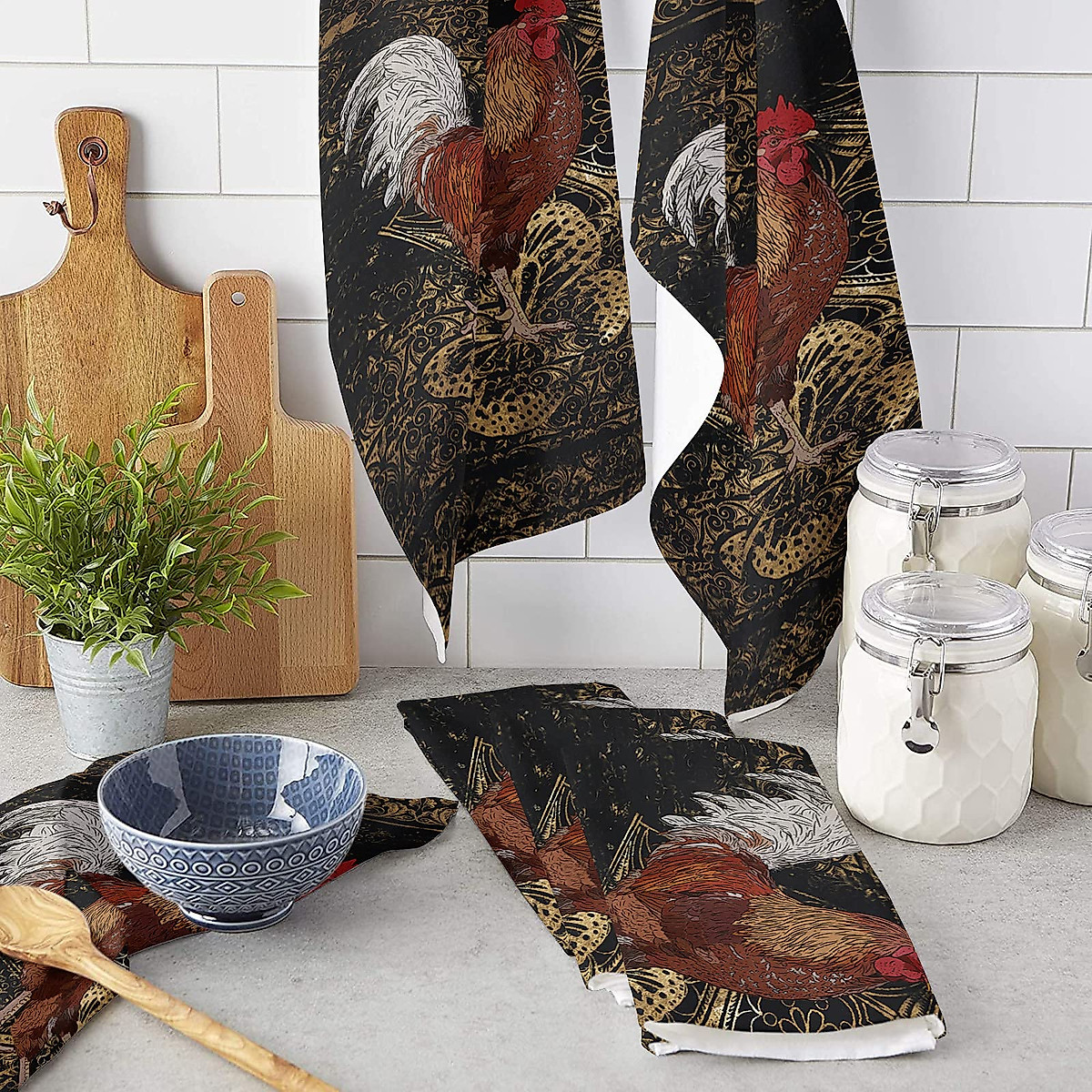 BEKYONEE Dish Towel for Kitchen, Farm Chicken Animals Absorbent Hand Towels Soft Cleaning Terry Cloth Reusable Bathroom Drying Cloths（Set of 4,18x28In Western Country Golden Texture on Black