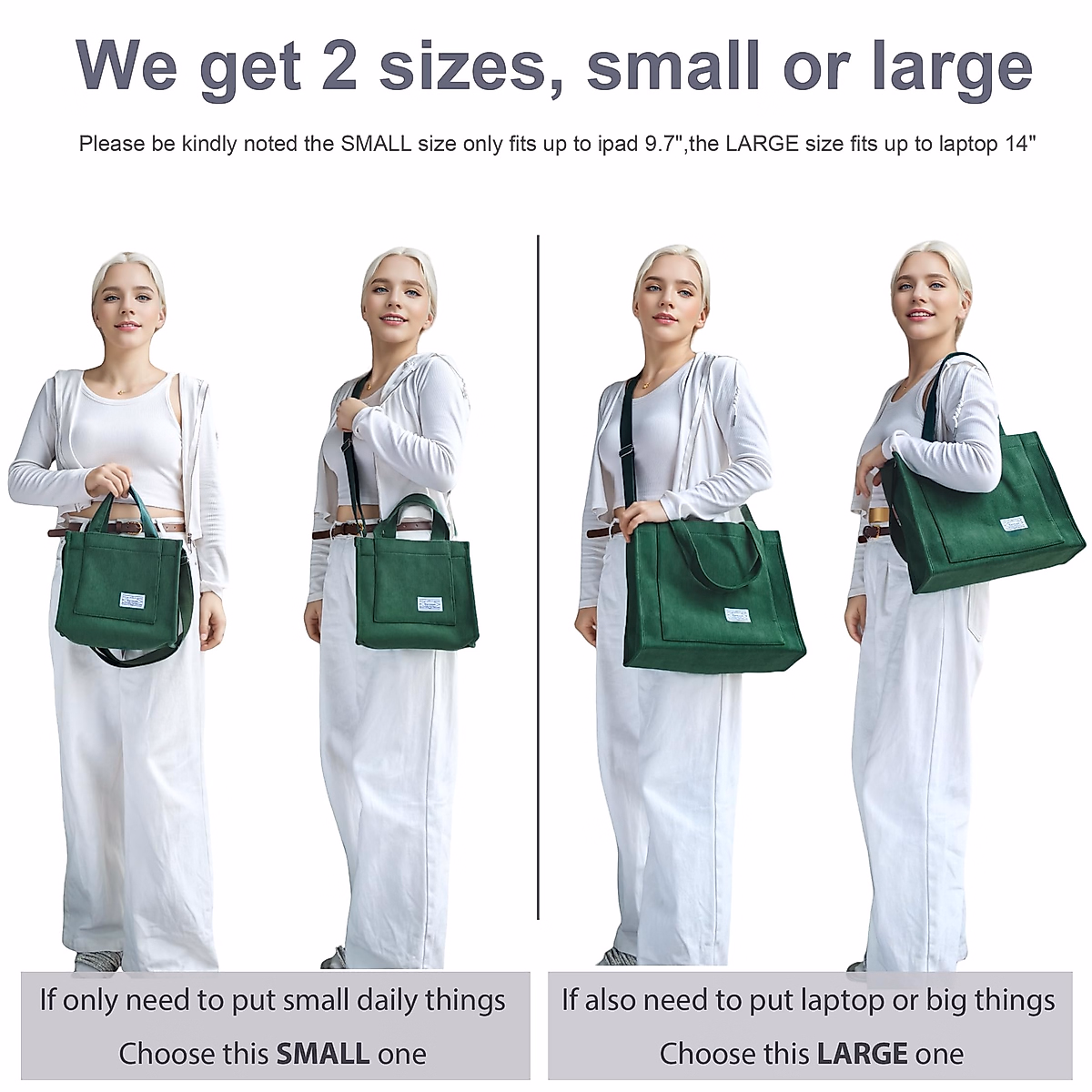 UERRUAM Corduroy Tote Bag for Women Work Crossbody Purse for Everyday,College,Travel,Lightweight Handbag Adjustable Strap,Small,Green