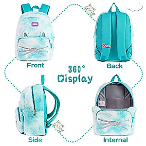 Bendopa Cat Backpack for Girls, Kids backpack Set with Pencil Case, Plush Kitty Schoolbag for Children, Furry Green