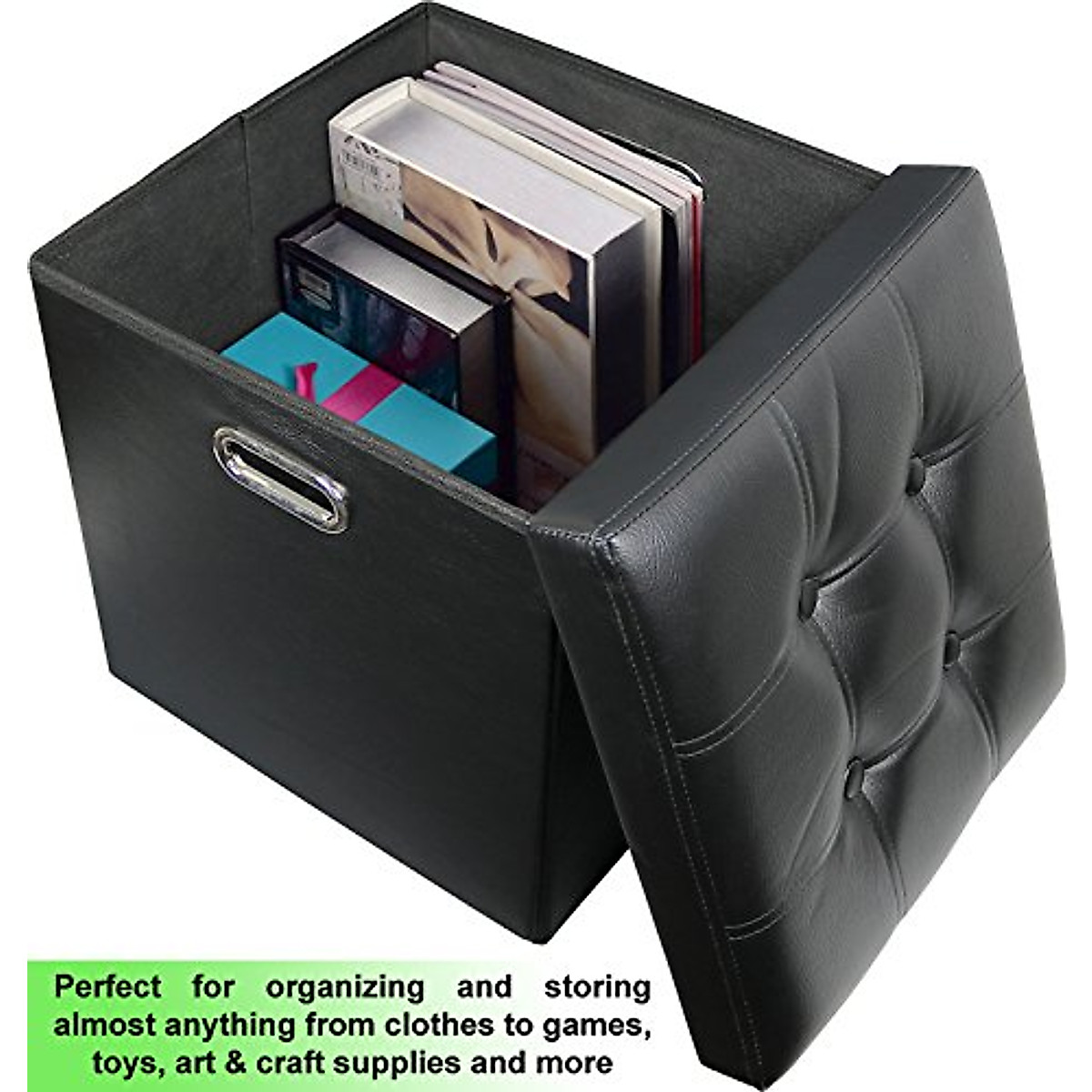 Greenco Faux Leather Tufted Ottoman Stool, Square Ottoman Storage Cube, Seat and Foot Rest, Collapsible and Versatile Black Storage Box