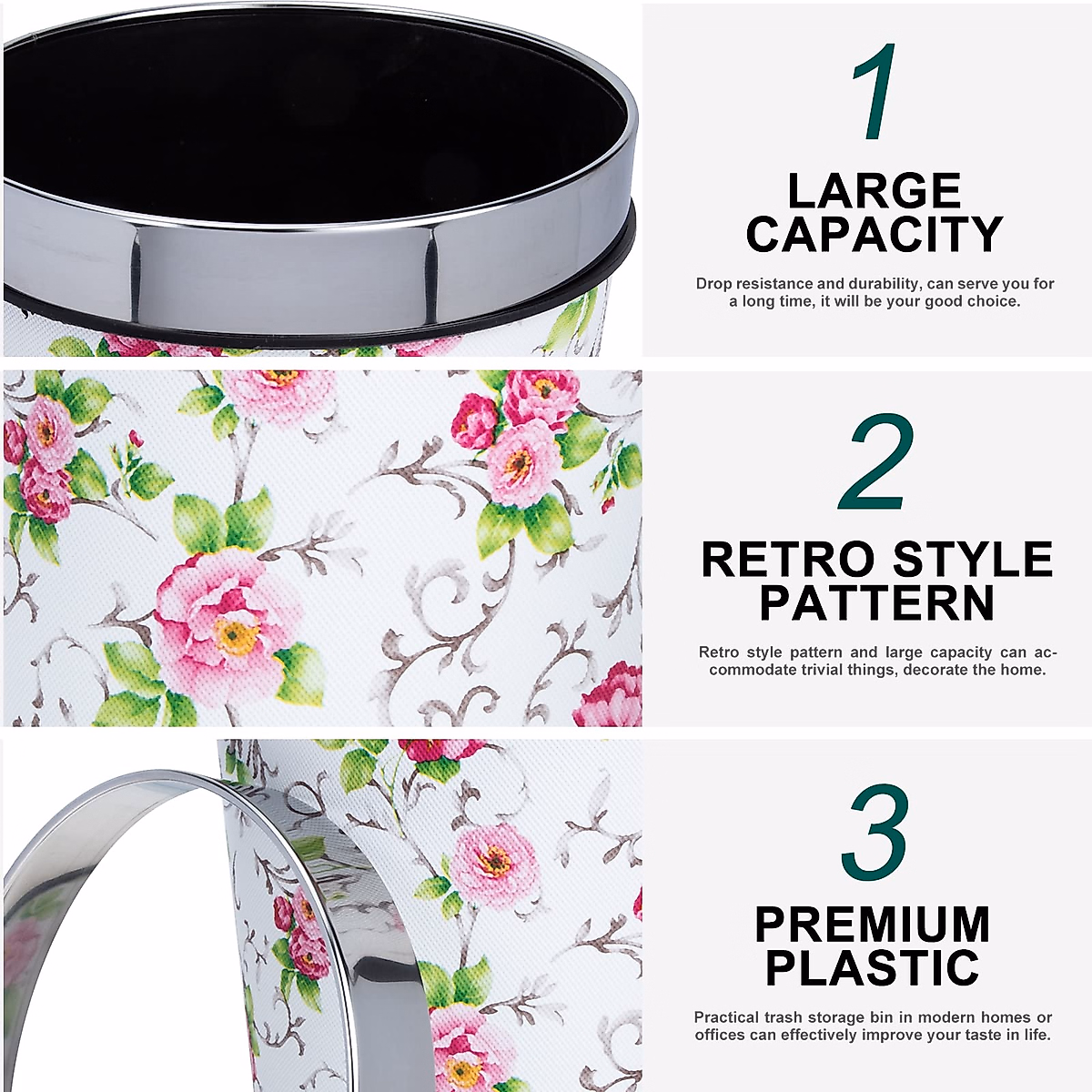 BESPORTBLE Large Laundry Hamper Trash Can Wastebasket Flower Garbage Bin for Bathroom Kitchen Bedroom Office Holds Trash Waste Garbage Recycling 6L Stainless Steel Trashcan