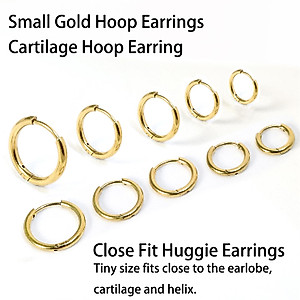Small Gold Hoop Earrings for Women Set: 5 Pairs Lightweight 14K Gold Minimalist Huggie Hoop Earrings Cartilage Hoop Earring Helix Earring Tiny Gold Hoops for Women Men 1.6MM Thickness Hypoallergenic Earring Sets for Multiple Piercing (14K Gold - 5 Pairs(6