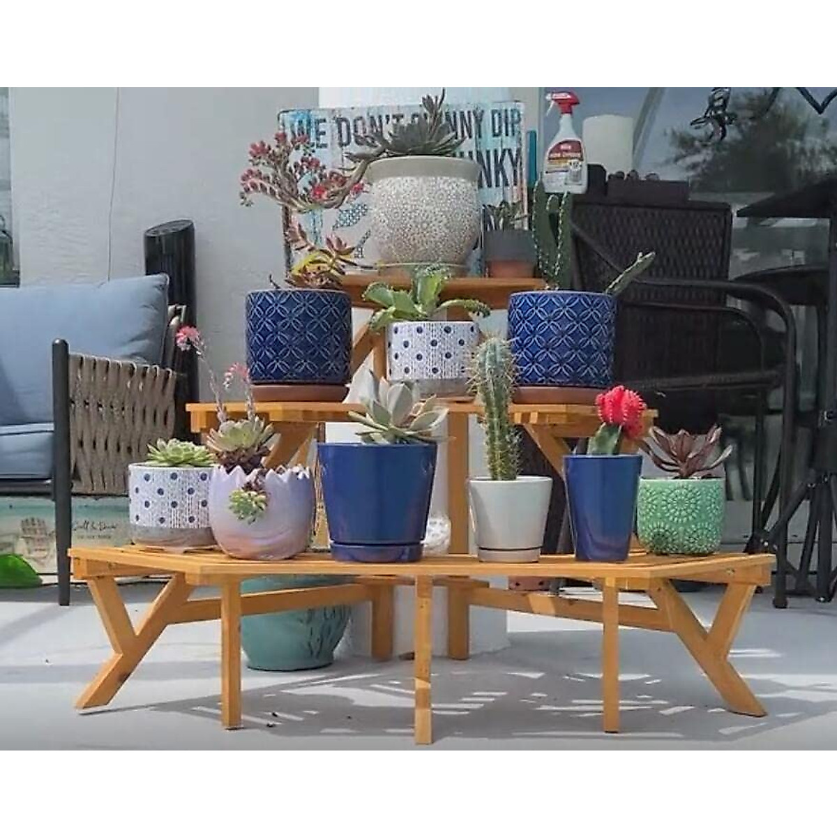 3 Tier Ladder Plant Stand Outdoor, Wood Multi Tiered Quarter Round Flower Pots Holder for Succulents andMultiple Plants, 37.8×26.38×24, Wooden Display Storage Shelf for Indoor Home Garden Patio