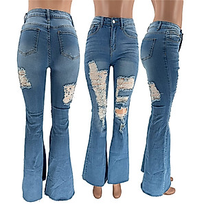 Maiyifu-GJ Bell Bottom Jeans for Women Ripped Mid Rise Raw Hem Flared Jean Slimming Skinny Stretch Wide Leg Denim Pants (Blue,Small)