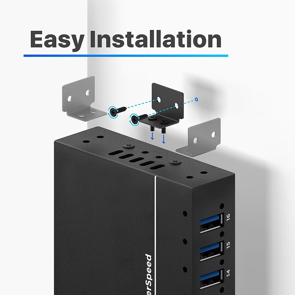 Multi-Safety Protection USB Splitter - 16 Port Powered USB Hub 3.0 with AC Adapter (12V / 10A) - Aluminium USB 3.0 Hub with LEDs - High Speed - Hub for Multiple Devices - Powered USB 3.0 Hub