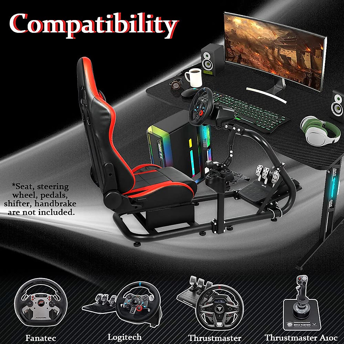 Supllueer Sim Racing Cockpit Stand with Red Playseat fit for Logitech,Fanatec,Thrustmaster, G29 G27 G920 G923 T300, Racing Simulator Cockpit Frame Racing Seat, Wheel Pedal Handbrake Not Included