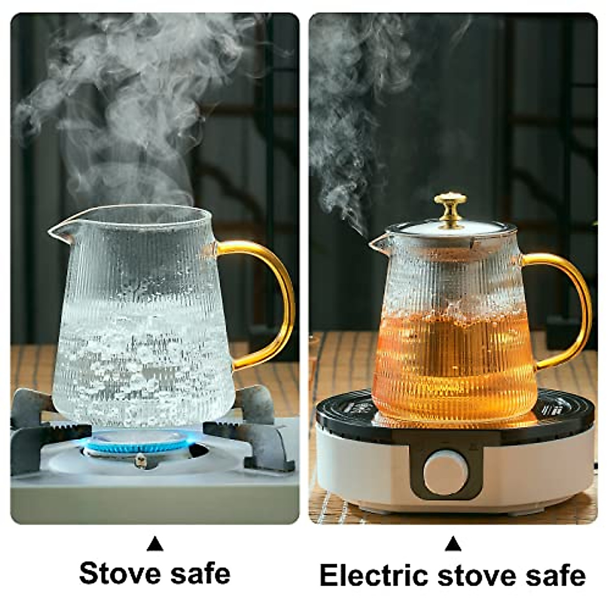 PARACITY Glass Teapot Stovetop 34 OZ with Vertical Stripes, Borosilicate Clear Tea Kettle with Removable 18/8 Stainless Steel Infuser, Blooming and Loose Leaf Tea Maker Tea Brewer