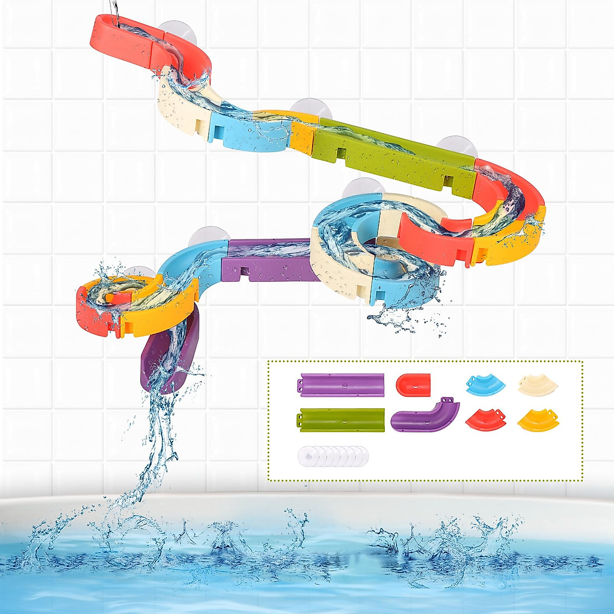AXSOGAO Toddler Bath Toys 28Pack Wall Bathtub Toys Water Slide Bath Toy for Toddlers 1-3 2-4 4-8 Bath Toys DIY Building Take Apart Set Shower Gifts Duck Slide Bath Toys Birthday Gift for Boys Girls