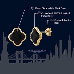 Gem Stone King 18K Yellow Gold Plated Silver Flower Shape Clover Designs Black Onyx Diamond Cut Stud Earrings For Women