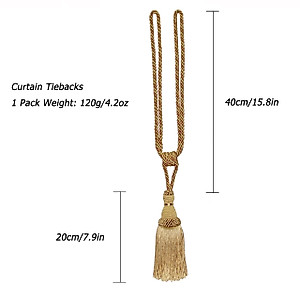 BEL AVENIR 4 Pack Curtain Tiebacks Tassel Drapery Tie-Backs Rope Handmade Holdbacks Home Office Hotel Decorative (Gold)
