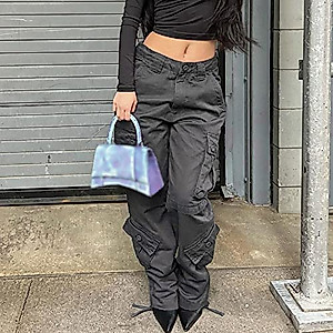 Baggy Jeans for Women Work High Waist Y2k Streetwear Cargo Jeans Parachute Pants Wide Leg Denim Pants Vintage Relaxed Fit Straight Leg Combat Military Pants Streetwear Trousers Dark Gray