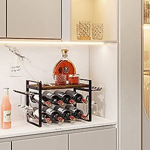 JAFUSI Wine Rack with Glass Holder, Countertop Wine Rack Metal Frame, Wine Holder Stand with Wooden Tray, Bottles Rack for Home Decor Kitchen Storage (Hold 8 Bottles and 4~6 Glasses)