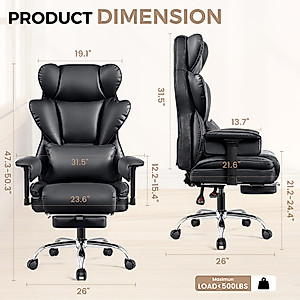 BESTFAIR Home Office Desk Chair 500Lb, Comfy Ergonomic Office Chair with Footrest, PU Leather Office Desk Chairs for Heavy People, High Back Executive Office Chair with Lumbar Support, Black