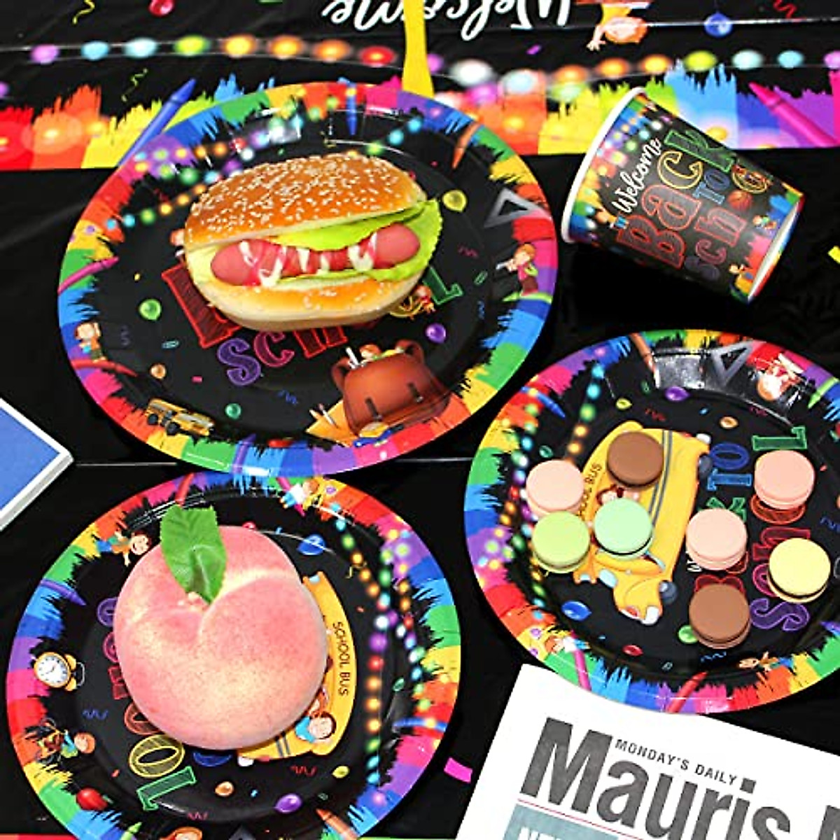 Welcome Back to School Decorations-School Bus Party Supplies Cutlery Set Back to School Banner, Back to School Tablecloth, School Bus Plate for Bus Wheel Parties School Bus Themed Party (BLACK)