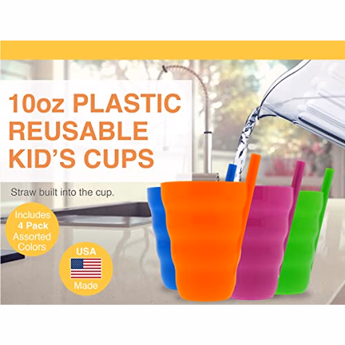 Arrow Home Products Sip A Cup with Built in Straw, 10oz, 4pk - BPA-free Straw Cups for Kids Great for Everyday Use - Made in the USA, Stackable Kids Straw Cups - Purple, Blue, Green, Orange