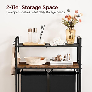 MAHANCRIS Laundry Hamper, Laundry Sorter with Shelf, Laundry Basket with 2 Pull-Out and Removable Bags, Laundry Organization and Storage for Bathroom, Laundry Room, Rustic Brown and Black LHHR4101