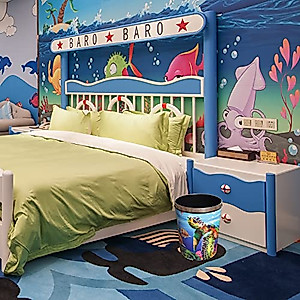 Sea Turtle Trash Can, 12 Liter/2.6 Gallon PU Leather Trash Cans, Garbage Can with Press Ring, Decoration Waste Paper Basket, Container Trash Bin for Ocean Room, Children's Bedroom, Home, Office