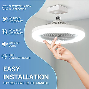 Socket Fan Light With Remote 10", Fan With Light 2,400 Lumen/6,500 Kelvin, Infinitely Adjustable, Light Socket Fan For Small Spaces Damp/Ventless, Need Ventilation & Airflow to Dry