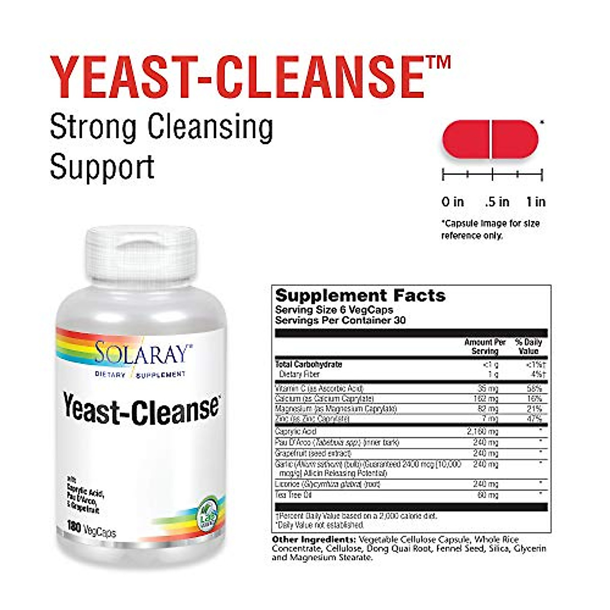 SOLARAY Yeast-Cleanse | with Caprylic Acid, PAU Darco, Grapefruit Seed Extract & Tea Tree Oil | Healthy Cleansing Support | 30 Servings | 180 VegCaps