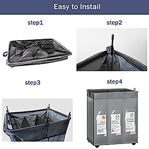 DEDU 120L Laundry Sorter 3 Section Heavy Duty, Extra Large Slim Laundry Hamper Rolling, Collapsible Laundry Basket with Wheels and 2 Leather Handles (Dark Gray)
