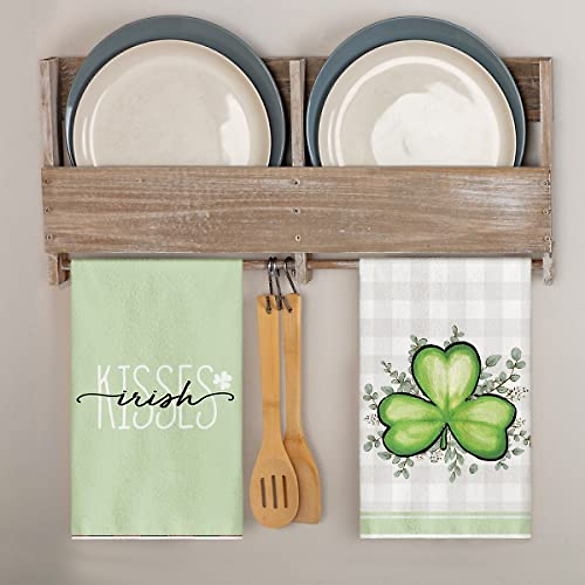 Artoid Mode Buffalo Plaid Kisses Wishes Shamrock St Patrick's Day Kitchen Towels Dish Towels, 18x26 Inch Seasonal Eucalyptus Leaves Decor Hand Towels Set of 4