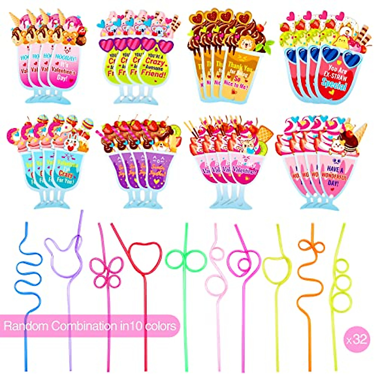 Qpout 32 Pack Valentine’s Day Cards for Kids,Funny Gift Cards with Loops Reusable Drinking Straws for Boys Girls Classroom Exchange Valentines Party Favors and Party Prizes