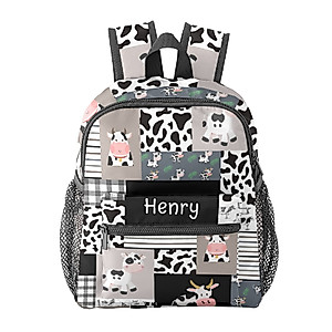Grandkli Cow Print Plaid Gray Personalized Kids Toddler Backpack for Boys Girls ,Custom Mini School Backpack Bags Kindergarten, 10 in(L) x 4 in(W) x 12 in(H)
