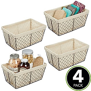 mDesign Medium Metal Farmhouse Home Storage Organizer Basket - Chicken Wire Design, Fabric Liner for Kitchen, Bathroom, Living Room, Pantry, Cupboard, Shelves, Countertop - 4 Pack - Bronze/Natural