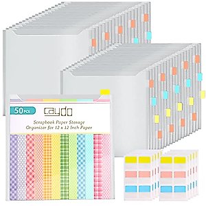 Caydo 50 Pieces Scrapbook Paper Storage Organizer with 120 Pieces Sticky Index Tabs Scrapbook Paper Storage Bags for Holding 12 x 12 Inch Scrapbook Paper, Paper Files, Vinyl Paper and Cardstock
