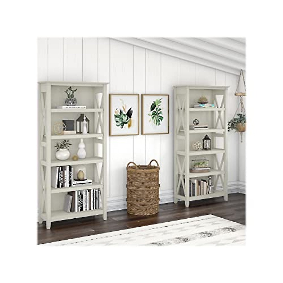Bush Furniture Key West 5 Shelf Bookcase Set in Linen White Oak & Key West 2 Drawer Mobile File Cabinet, Linen White Oak