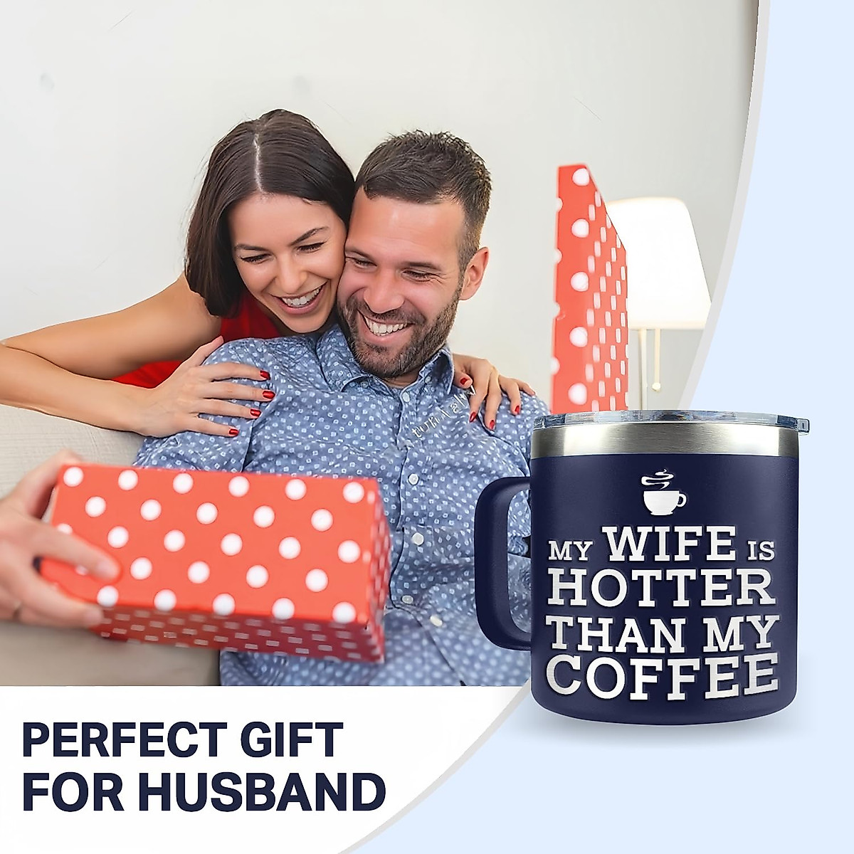 Hyturtle My Wife Is Hotter Than My Coffee Navy Mug/Tumbler 14oz Gift For Husband, Present Idea For Him From Wife - Fathers Day - Birthday Gift Ideas For Men - Christmas Gifts For Husband