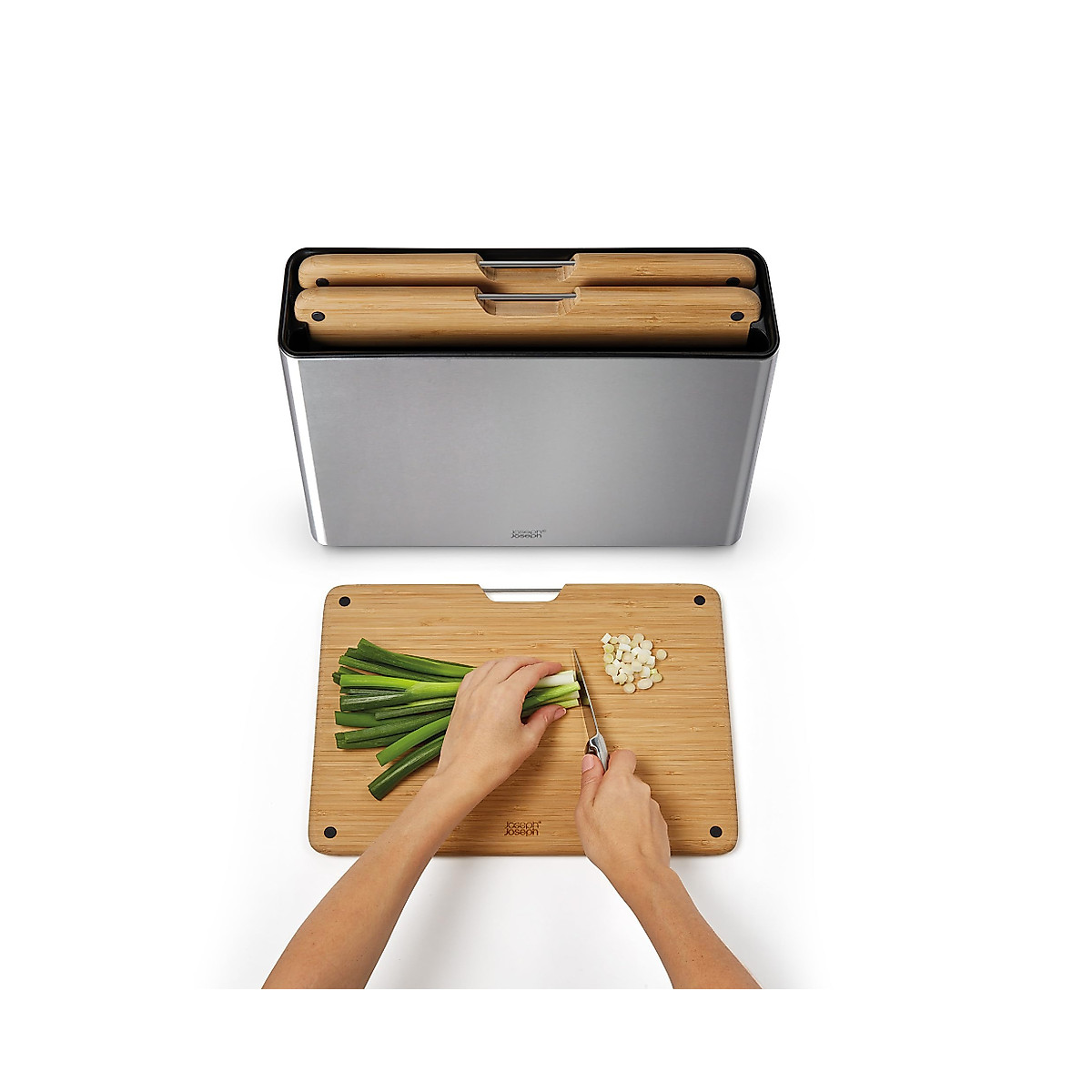 Joseph Joseph Folio Premium 3-Piece Cutting Board Set, Slimline Case for Organized Kitchen Storage, Large, Stainless Steel and Bamboo