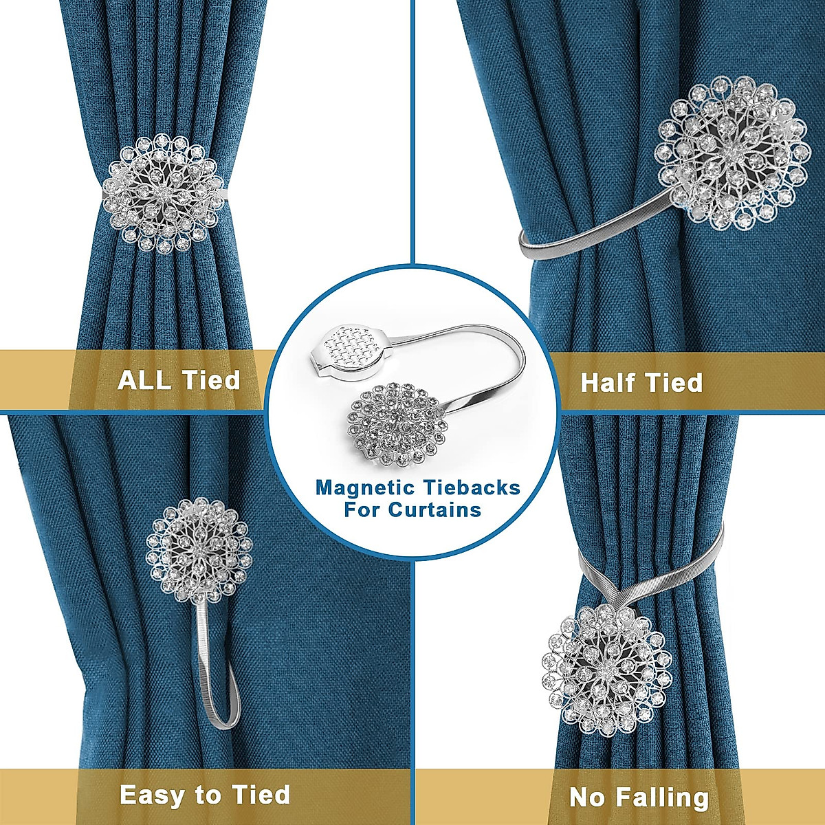MYDAYTIN Silver Crystal Decor Curtain Tiebacks Magnetic Curtain Tieback, Crystal Flower Curtain Tiebacks with High Stretchy Wire Rope, Flower Curtain Buckle for Home, Office, Window Decoration